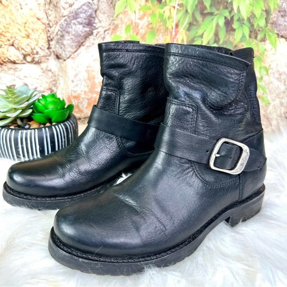 Frye | Shoes | Frye Veronica Black Leather Moto Combat Heritage Classic ...